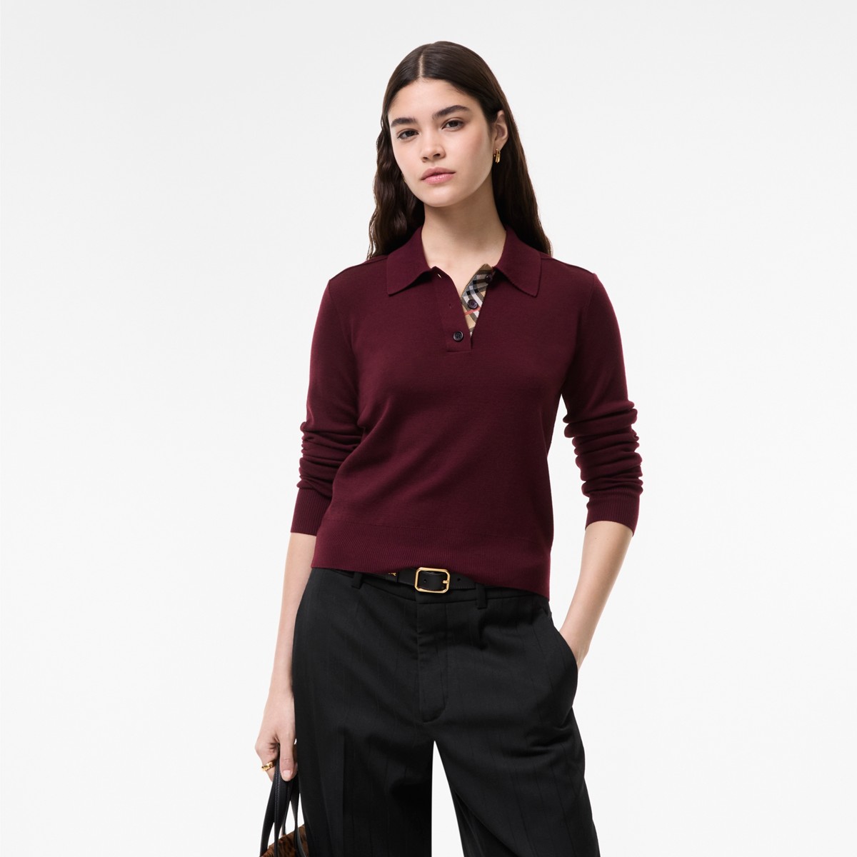 BURBERRY Burberry Long-Sleeve Wool Polo Shirt with House Check Detail